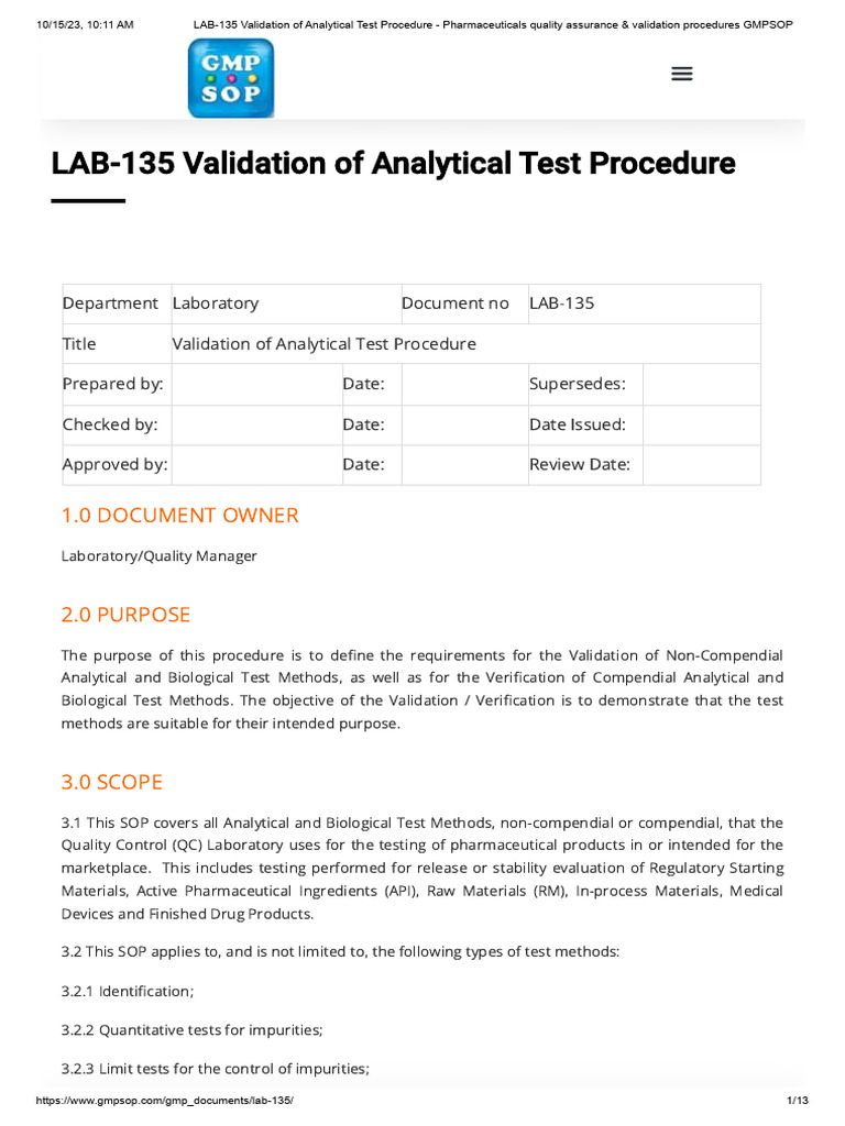 LAB-135 Validation of Analytical Test Procedure - Pharmaceuticals ...