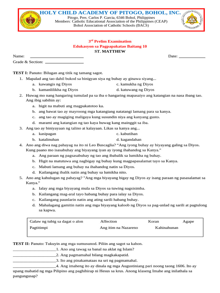 ESP 10 3rd Prelim Exam | PDF