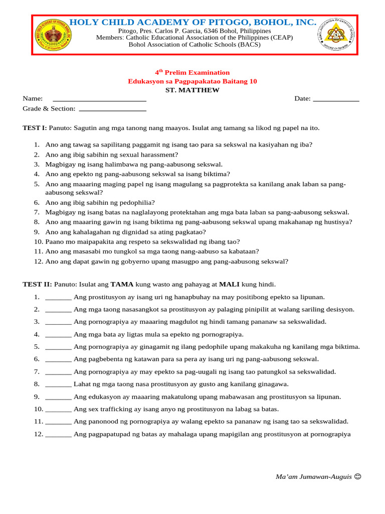 ESP 10 4th Prelim Exam | PDF