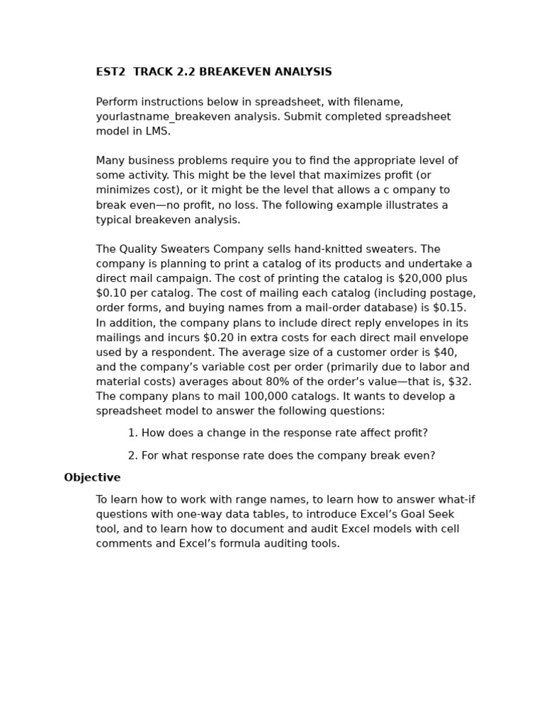 Est2 Track 2.2 Breakeven Analysis | PDF | Spreadsheet | Microsoft Excel