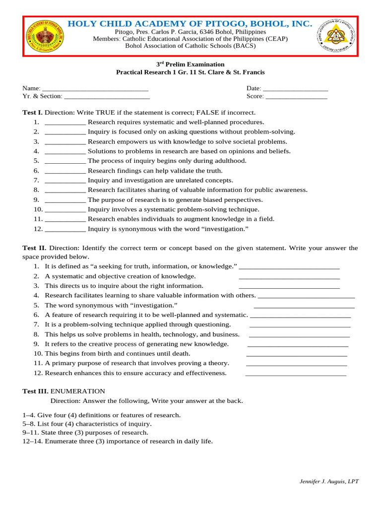 Practical Res. 1 3rd Prelim Exam | PDF | Truth | Knowledge