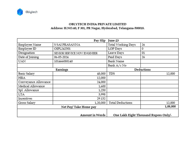 June 2023 Pay Slip for S Sai Prasanna | PDF