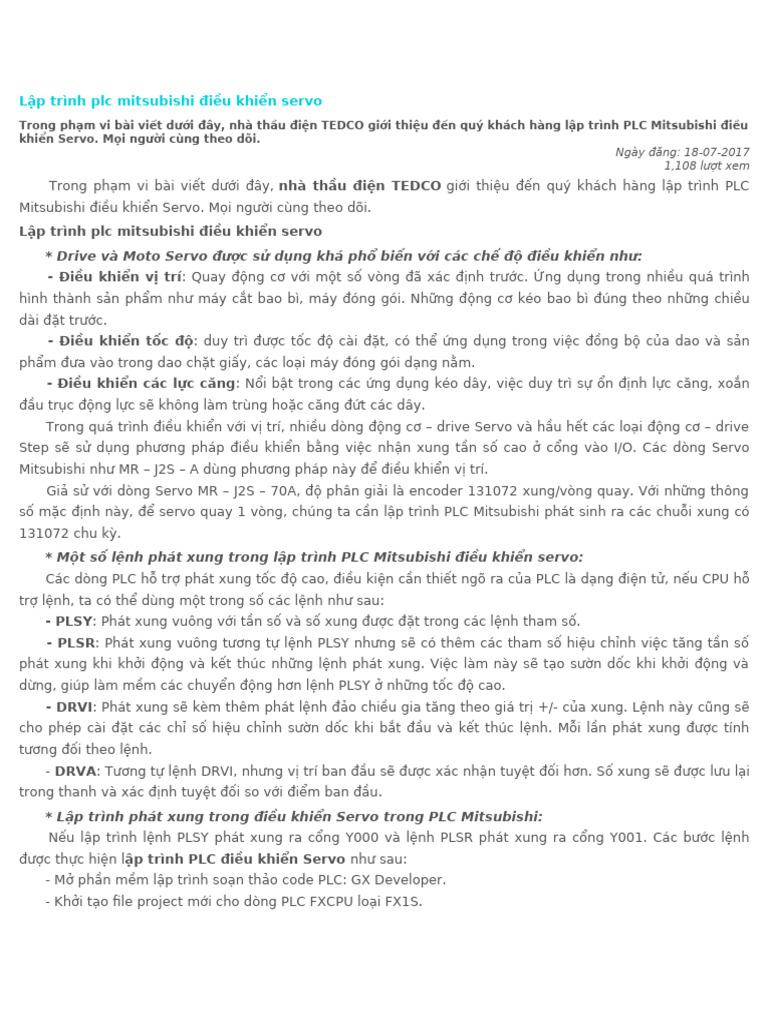 Lập Trình Plc Mitsubishi Điều Khiển Servo | PDF