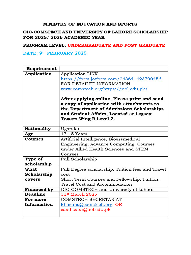 Advert For Oic Comstech and University Scholarship 2025 2026 | PDF