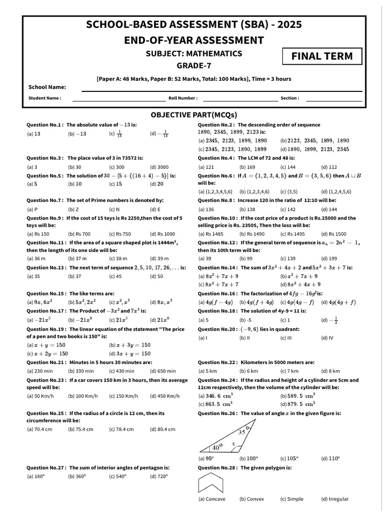 Class 7 Math Assessment Mcqs Crqs Pdf Euclidean Geometry Polytopes