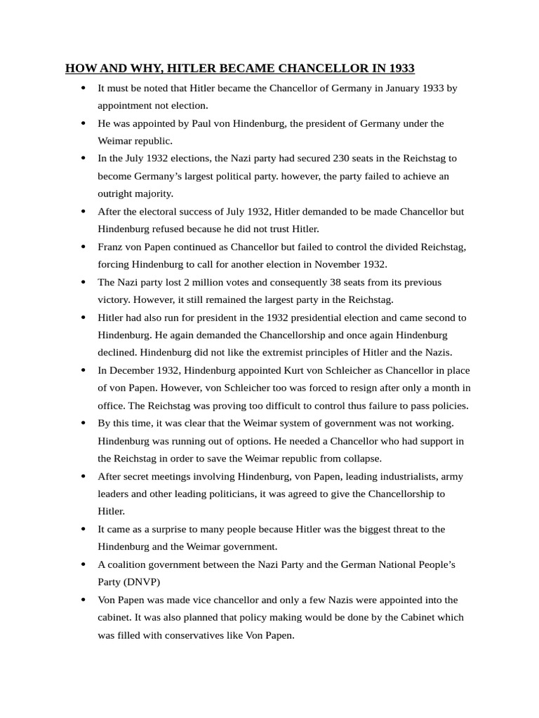 UNIT 12- HITLER'S APPOINTMENT AS CHANCELLOR | PDF | Weimar Republic ...
