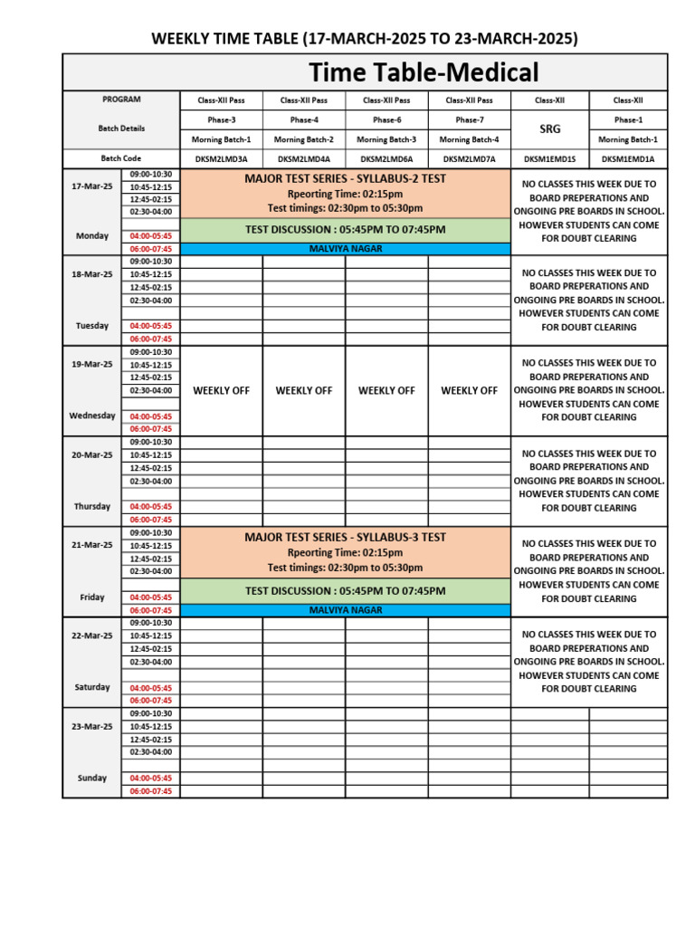Neet Time Table (17-23 Mar 2025) | PDF | Workweek And Weekend