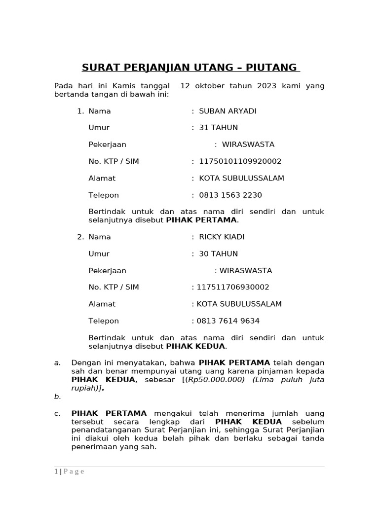 Contoh Surat Perjanjian Utang Piutang FH UII | PDF
