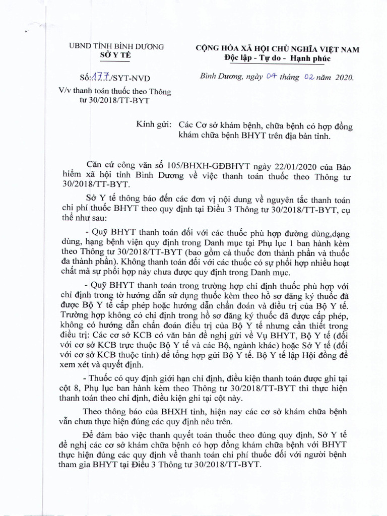 CV Ve Thanh Toan Thuoc Theo Thong Tu 30.2018.TT - Byt (177-SYT-NVD) | PDF