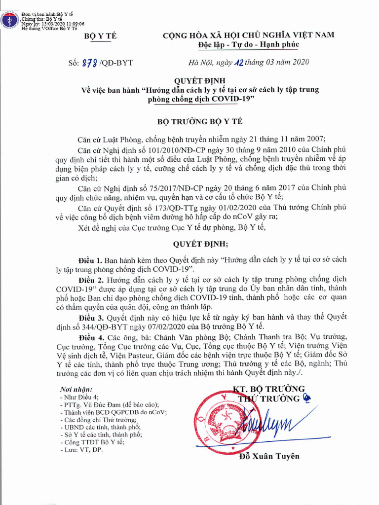 Huong Dan Cach Ly y Te Co So Tap Trung Phong COVID-19 (878.QD - Byt) | PDF