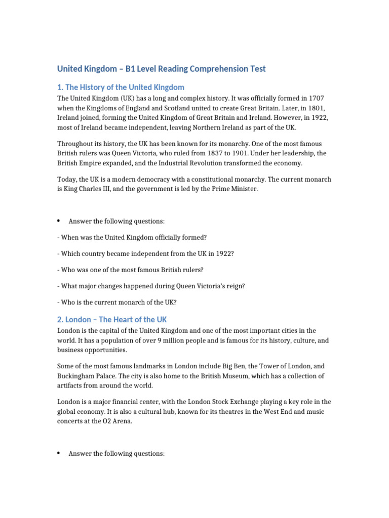United Kingdom Reading Comprehension Test Expanded v2 | PDF ...