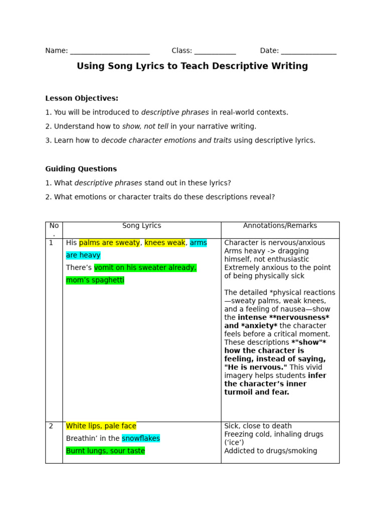 Using Song Lyrics to teach Descriptive Writing | PDF | Anxiety | Emotions