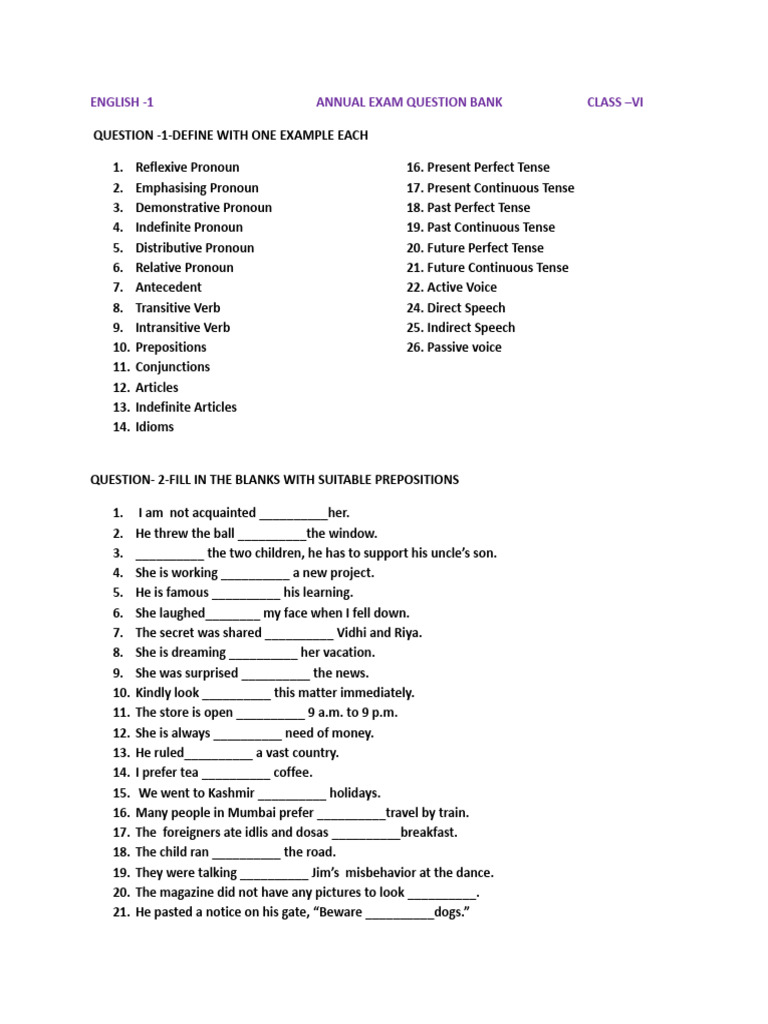 Vi - English I Annual Exam Que Bank | PDF