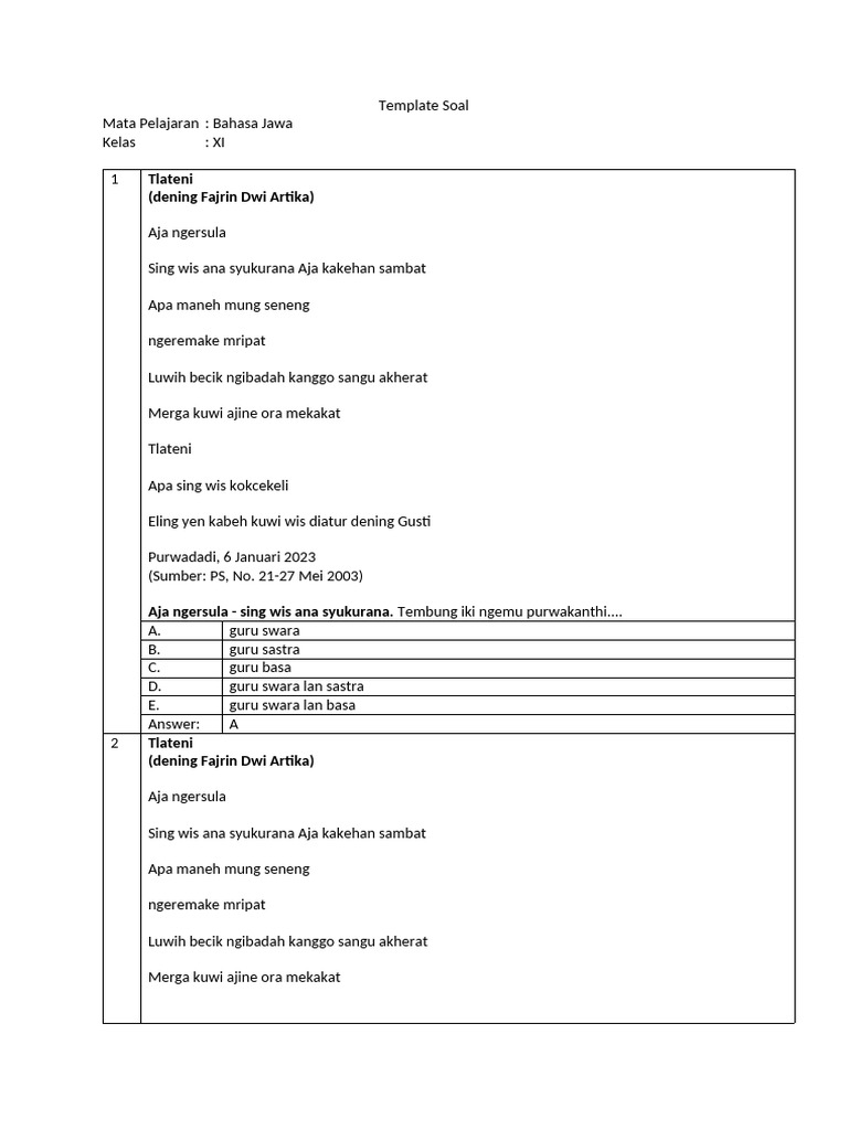 Soal ASAS Bhs. Jawa | PDF