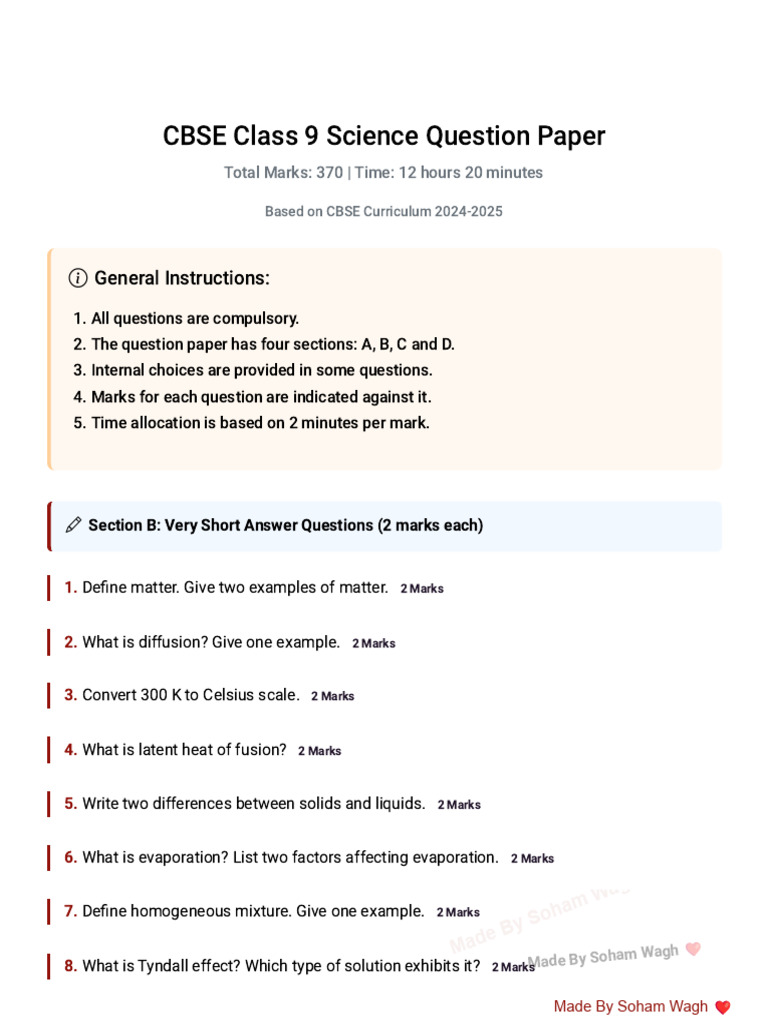 CBSE Class 9 Science Sample Question Paper | PDF | Waves | Cell (Biology)
