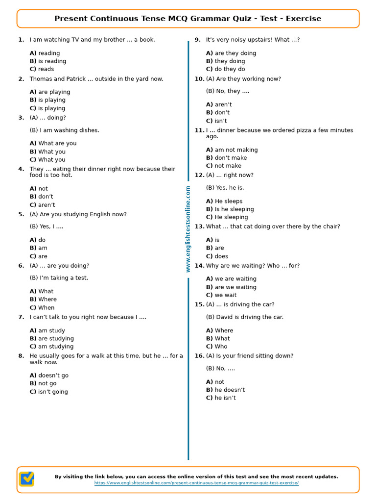 761 Present Continuous Tense MCQ Grammar Quiz Test Exercise | PDF