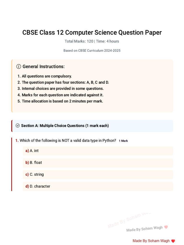 CBSE Class 12 CS Question Paper 2024-25 | PDF | Sql | Artificial Intelligence