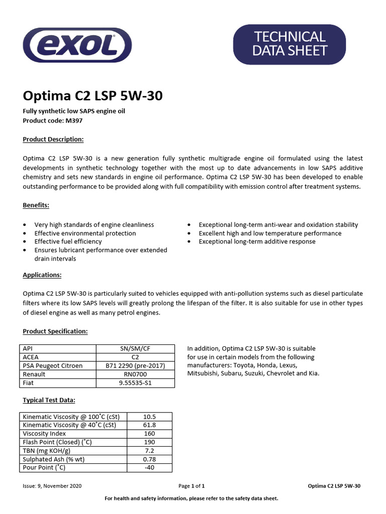 Optima-C2-LSP-5W-30-M397 | PDF | Motor Oil | Motor Vehicle
