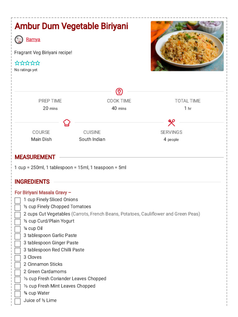 Ambur Dum Vegetable Biryani Recipe | PDF | Asian Cuisine | Food And ...