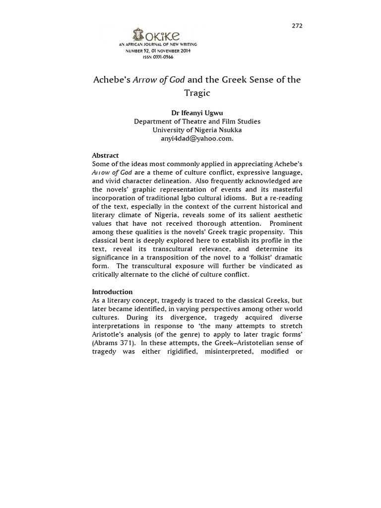 Ifeanyi Ugwu Achebe's Arrow of God and The Greek Sense of t1 | PDF ...