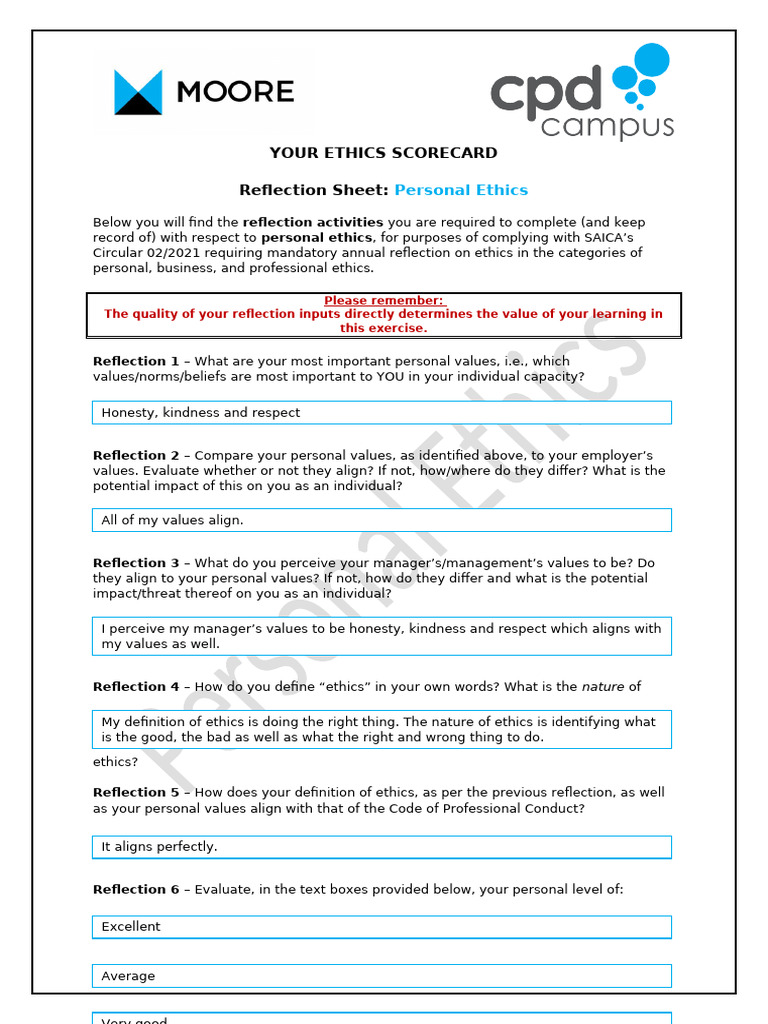 Personal Ethics Reflection Sheet | PDF | Employment | Social Psychology