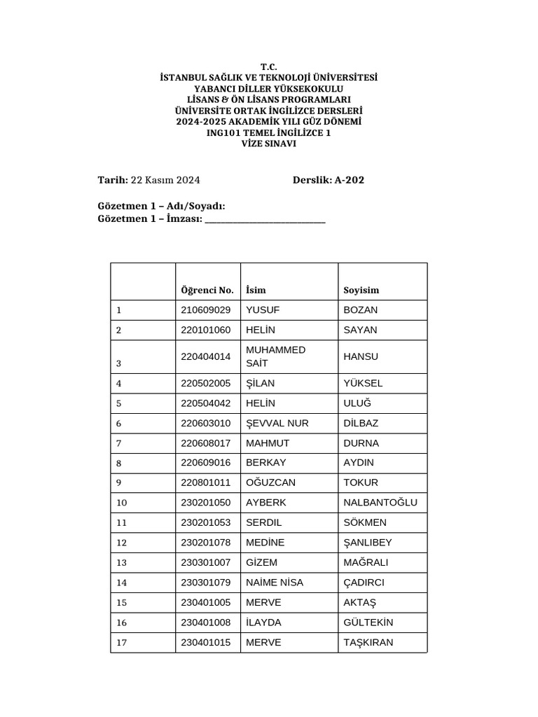 Ing101 Temel İngi̇li̇zce 2024-2025 Öğrenci̇ Li̇stesi̇ | PDF