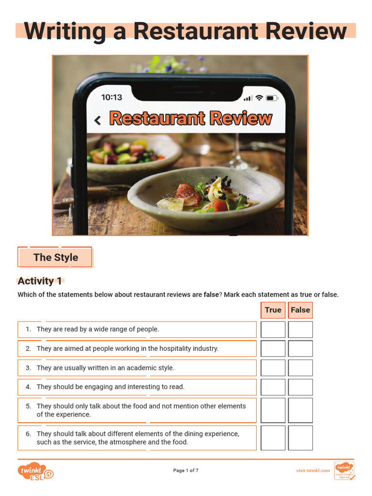 T e 1719815773 Esl Writing A Restaurant Review Worksheet Adults b1 b2 ...