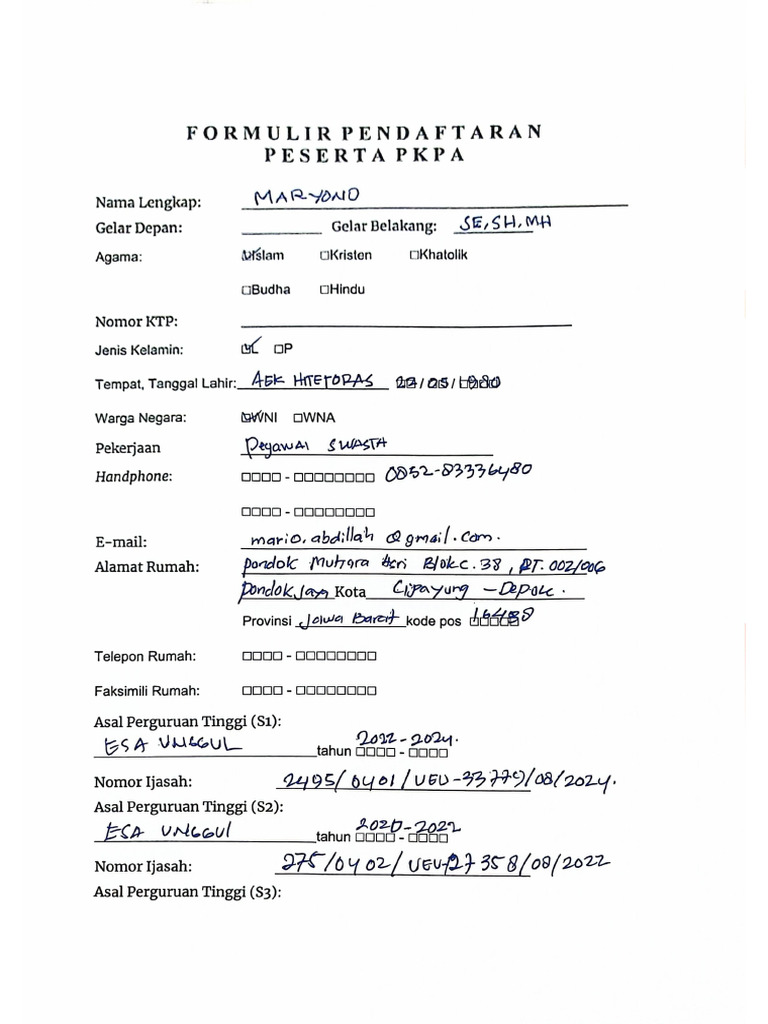 Formulir Pendaftaran Pkpa | PDF