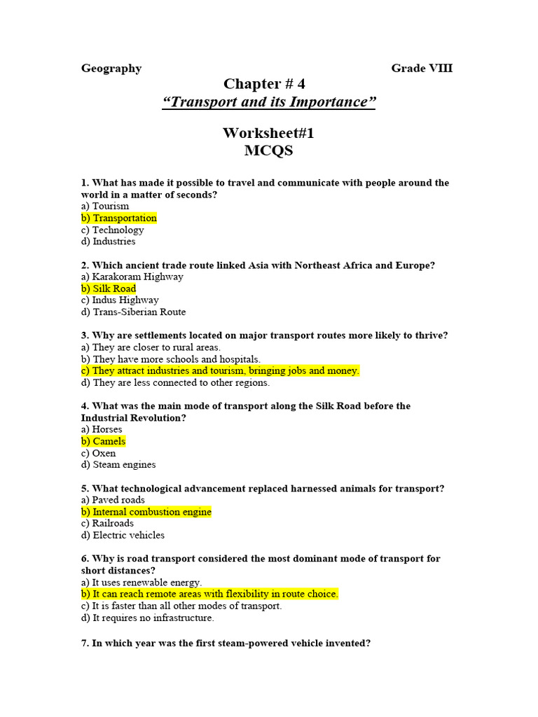 Geo Grade 8 2 Term Worksheet 1 Chap 4 | PDF | Transport | Train
