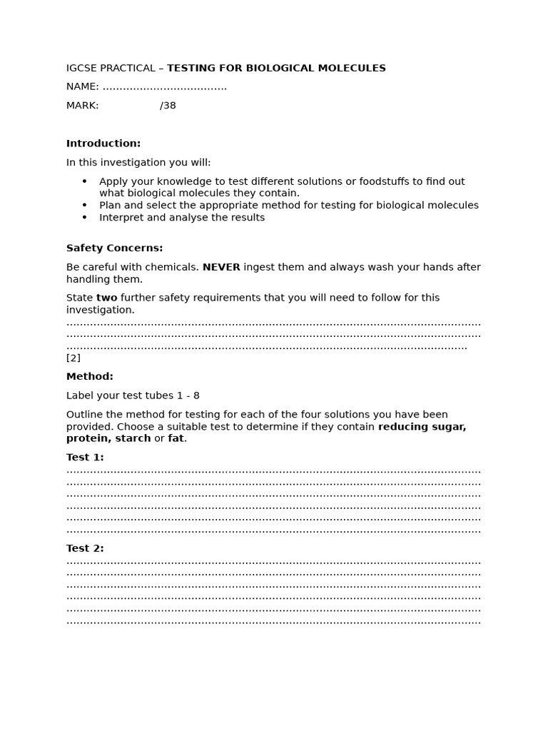 IGCSE Testing Biological Molecules Worksheet | PDF | Molecular Biology ...