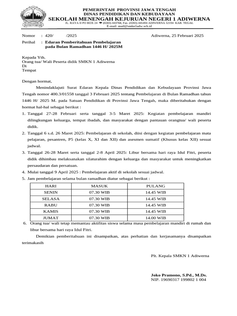 Surat Edaran KBM Ramadhan Bagi Orang Tua | PDF