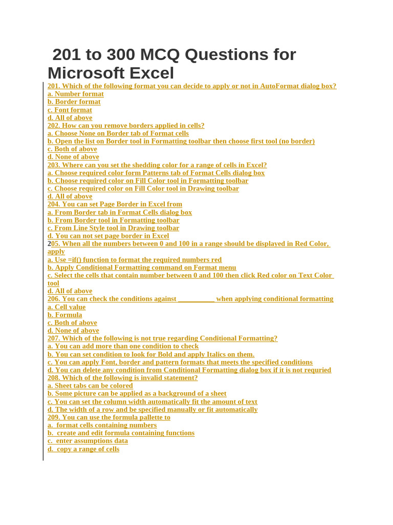 S201 To 300 MCQ Questions For | PDF | Microsoft Excel | Computing