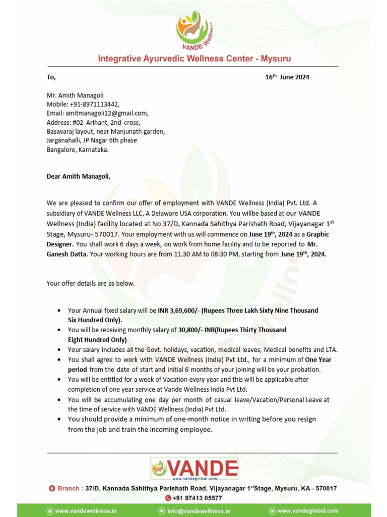 Offer Letter for Graphic Designer Role | PDF | Indemnity | Employment