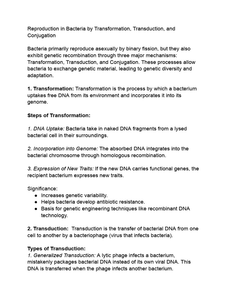 Reproduction in Bacteria by Transformation, Transduction, and ...