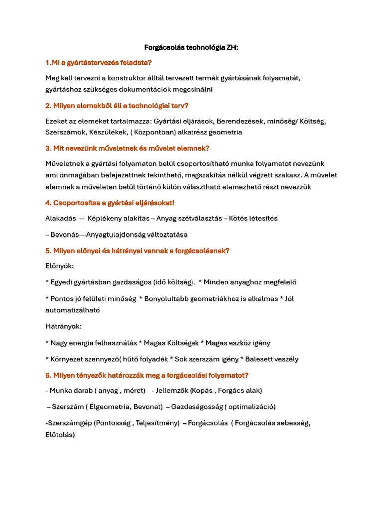 Forgácsolás Technológia ZH | PDF