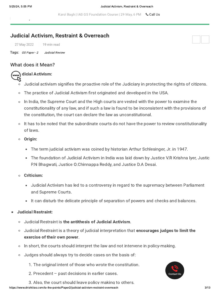 Judicial Activism, Restraint & Overreach | PDF