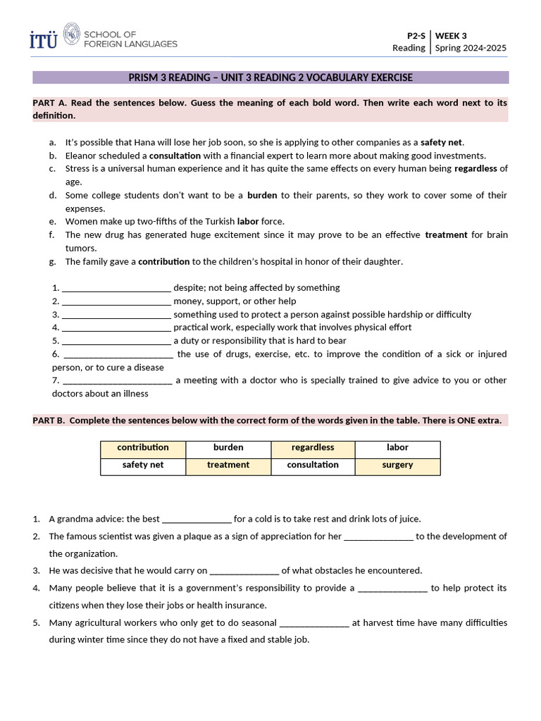 Vocabulary Exercise for PRISM 3 Reading | PDF | Health Care