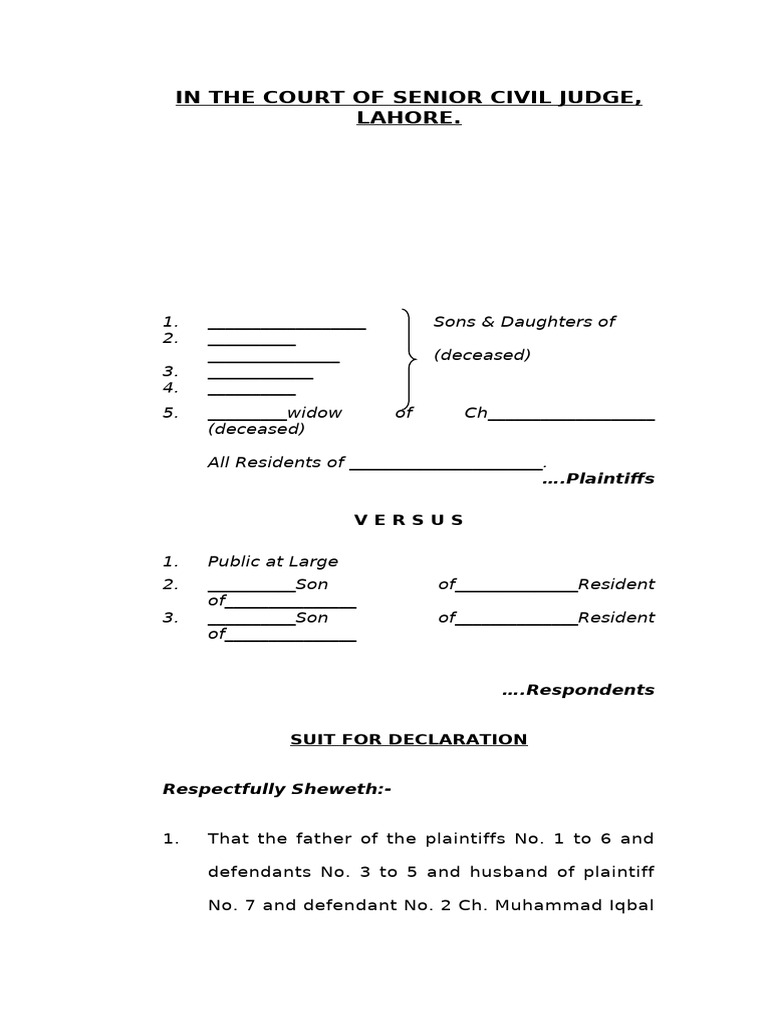 Suit For Declaration of Legal Heirs | PDF | Inheritance | Lawsuit