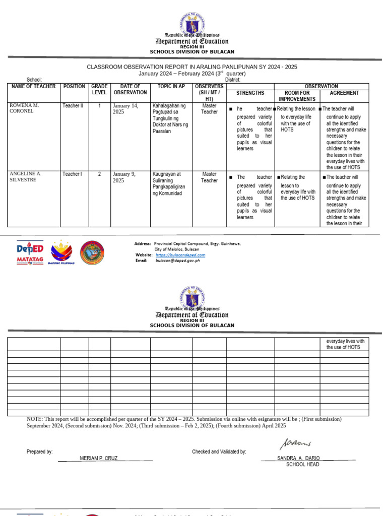 Template-3rd Qrt. - Report-on-classroom-observation-ARALING-PANLIPUNAN ...