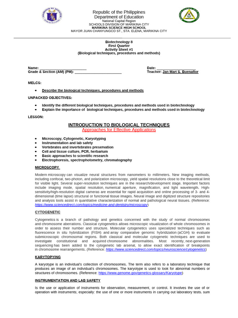 Q1 Activity Sheet 1 Biological Techniques Procedures and Methods | PDF ...