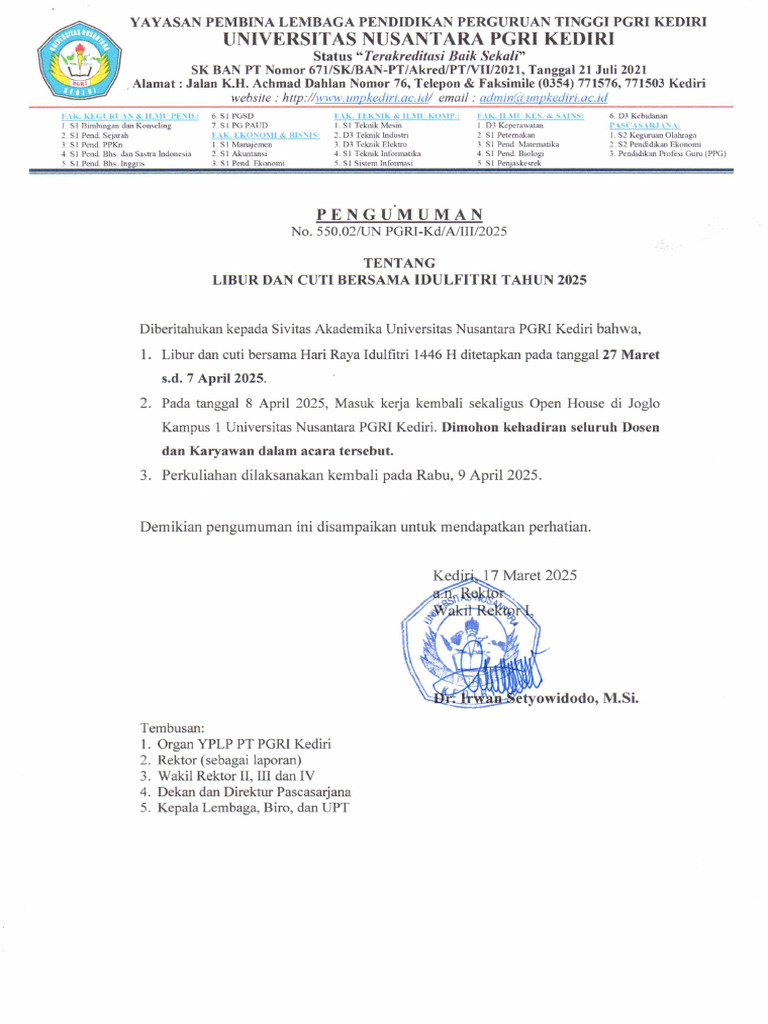 Pengumuman Libur Dan Cuti Bersama Hari Raya Idulfitri Tahun 2025 | PDF