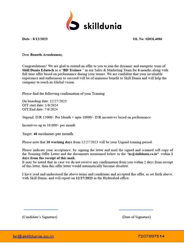 Offer Letter - Banoth Arunkumar | PDF | Business