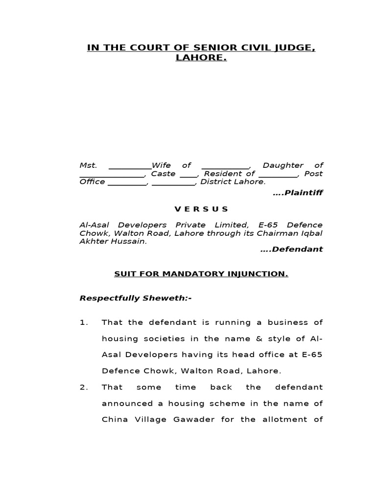 Suit For Mandatory Injunction To Pay Installments of Plot in Total ...
