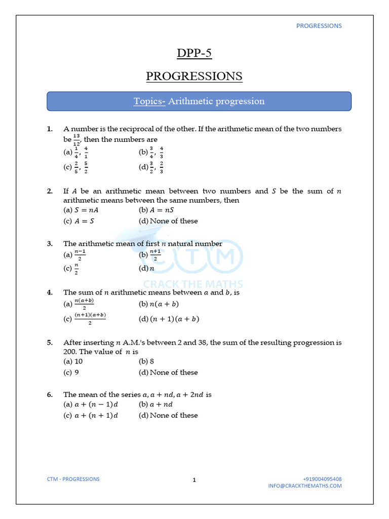 DPP-5 Arithmetic Progression PDF | PDF | Mathematical Analysis | Mathematical Concepts