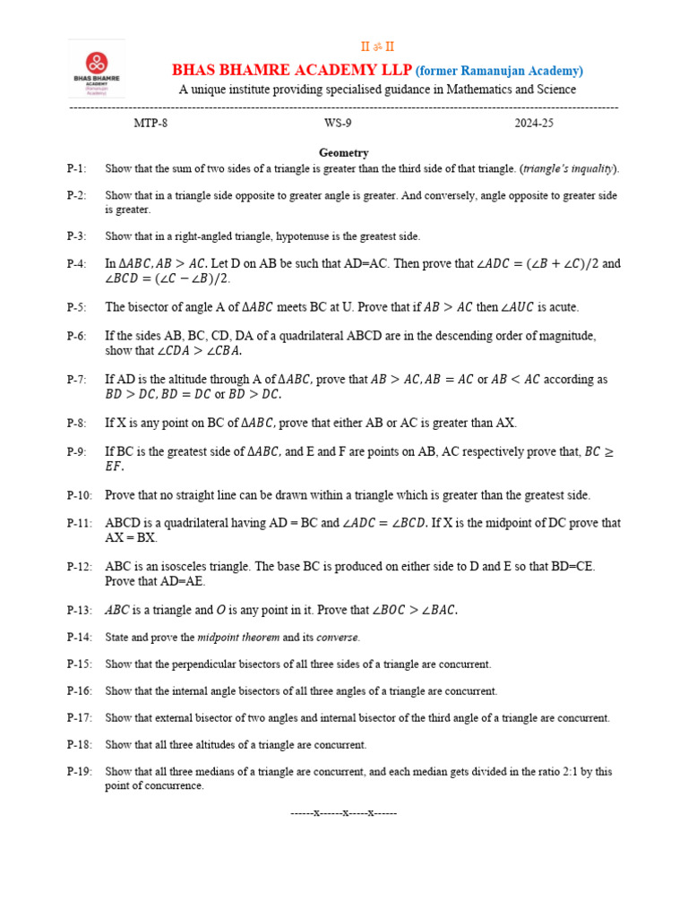 MTP 8 - WS 9 - Geometry 1 - 2024 25 | PDF | Triangle | Elementary Geometry