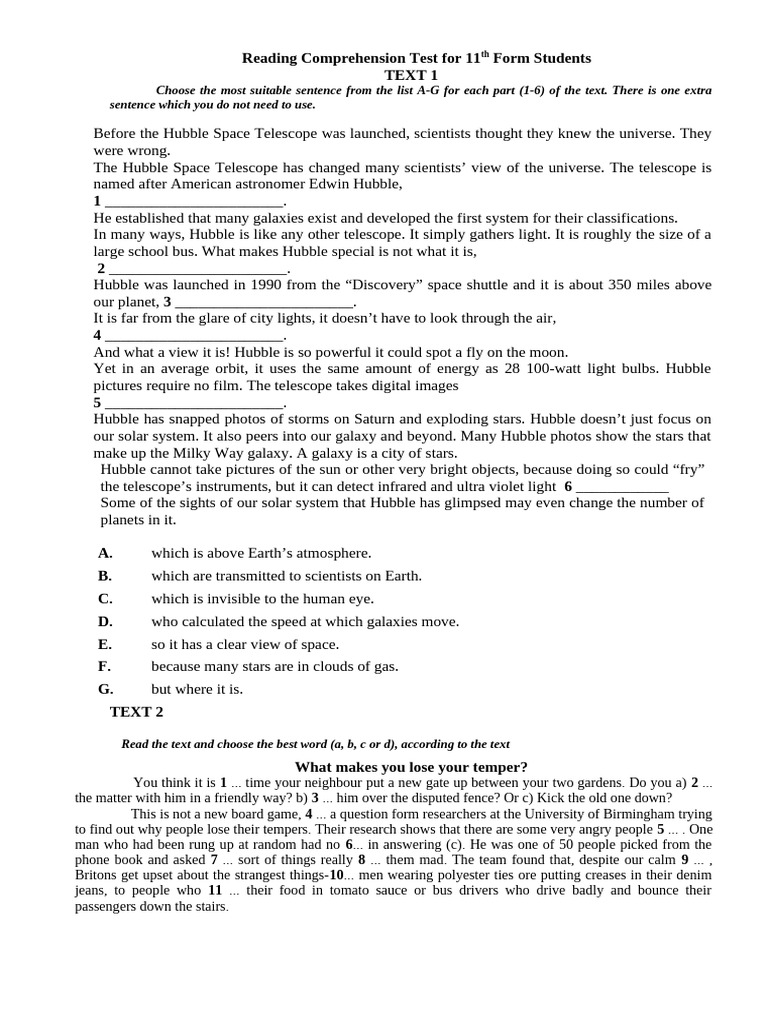 Reading Comprehension Test For 11 Form Students Text 1 | PDF | Hubble ...