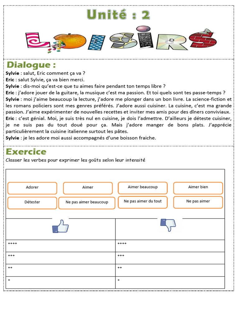 Unité 2 exercices | PDF | Cuisine | Nourritures