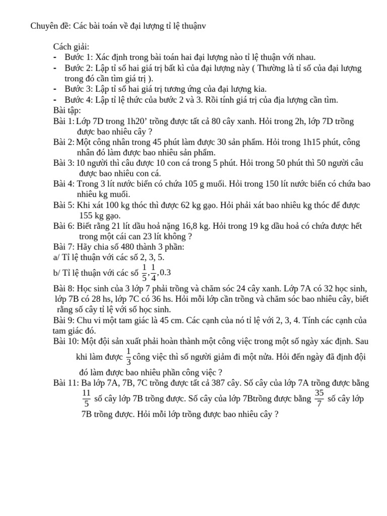 Chuyen de Cac Dang Toan Ve Dai Luong Ti Le Thuan Toan 7 | PDF