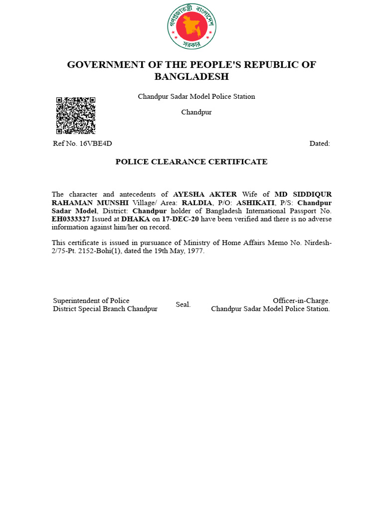 Chandpur Police Clearance Certificate | PDF