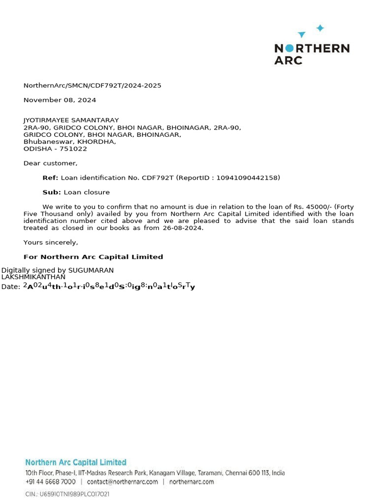 Loan Closure Confirmation - Northern Arc | PDF